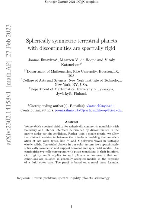 Pdf Spherically Symmetric Terrestrial Planets With Discontinuities