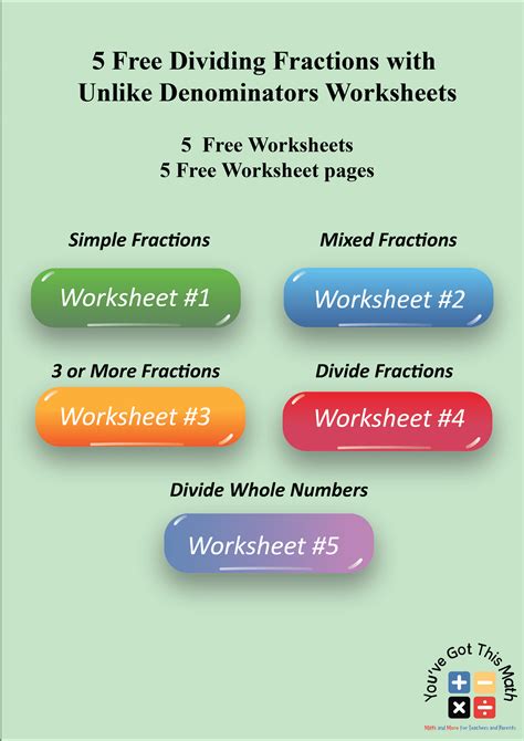 5 Free Dividing Fractions With Unlike Denominators Worksheets