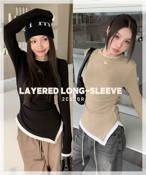 샤샤클럽 봄신상 레이어드 느낌내기 언발 브이컷 슬림핏 베이직 기본 긴팔 롱 무지 티셔츠 탑 Z Ssc 3001