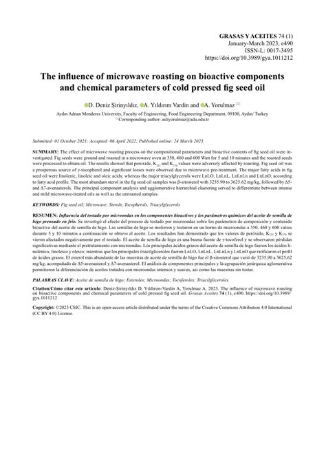 Pdf The Influence Of Microwave Roasting On Bioactive Components And Chemical Parameters Of