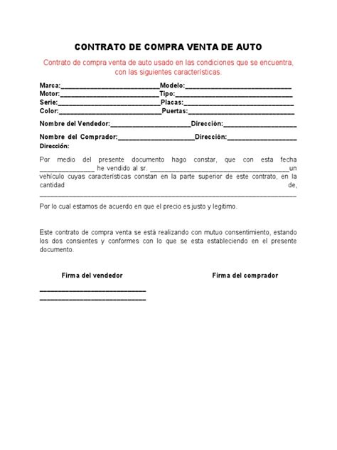 Contrato De Compra Venta De Auto Usado Pdf