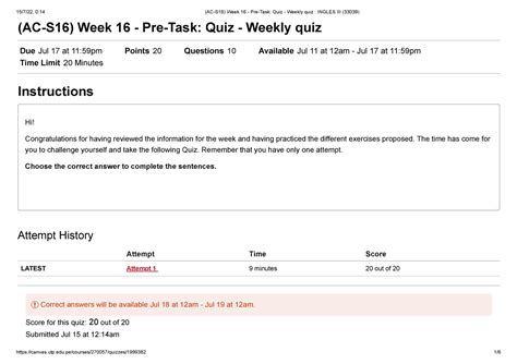 AC S16 Week 16 Pre Task Quiz Weekly Quiz Ingles III 33039 AC S16 Week 16 Pre Task