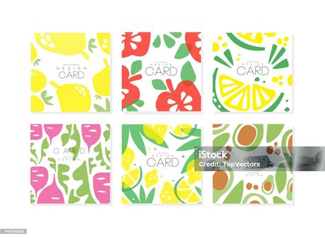 추상 야채와 과일 카드 디자인 세트입니다 배너 포스터 표지 배 사과 무 라임 아보카도 만화 벡터 일러스트 레이 션 배경 로고에 대한 스톡 벡터 아트 및 기타 이미지 Istock