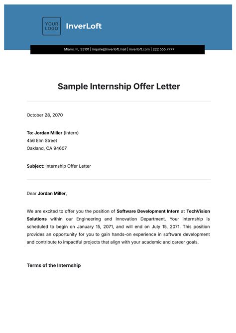 internship offer letter from company template