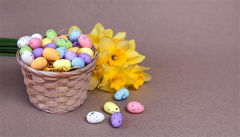 여러 가지 색상의 부활절 달걀바구니가 수선화 꽃다발 근처의 베이지 색 배경에 서 있습니다 부활절 의 휴일의 개념 그리스도는 상승했다 텍스트에 대 한 배치 클로즈업 기치 0