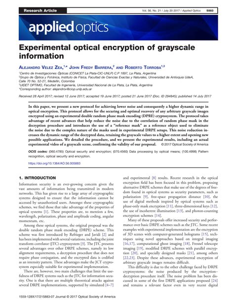 PDF Experimental Optical Encryption Of Grayscale Information