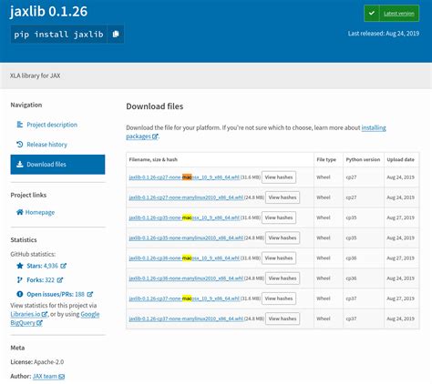 pypi macos binaries missing for jaxlib 0 1 26 · issue 1254 · jax ml