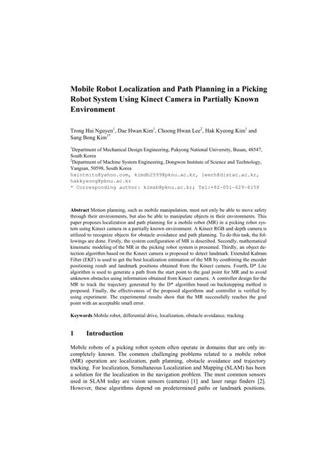 Pdf Mobile Robot Localization And Path Planning In A Picking Robot System Using Kinect Camera
