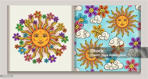 원활한 패턴 웃는 얼굴 구름 만화 이모티콘 캐릭터처럼 흩어져있는 작은 카모마일 꽃과 태양이 있는 구성 그루비 히피 복고풍 보헤미안 스타일 티셔츠 아이 디자인 0명에 대한