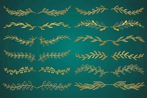 손으로 그린 디자인으로 설정된 금색 꽃 장식 분배기 나뭇잎과 나뭇 가지가 요소를 조각합니다 식물 장식품의 번들은 장식과 장식