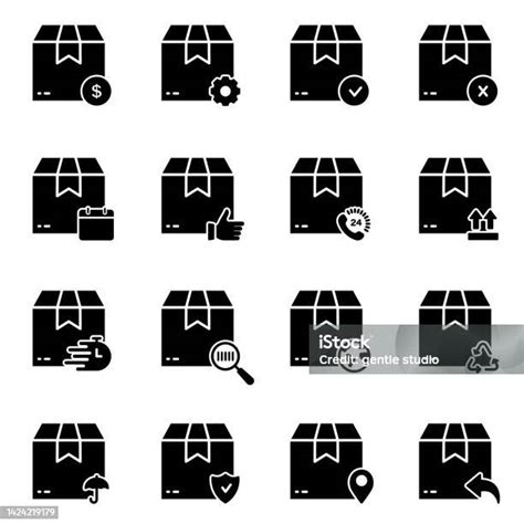 배달 서비스 선적 실루엣 아이콘 세트를위한 판지 소포 상자 골판지 포장 우편 배송 글리프 픽토그램 운송화물 제품 팩 기호 격리된