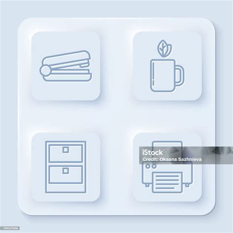 라인 사무실 스테이플러 차와 잎 한잔 보관 용지 서랍 및 프린터를 설정합니다 흰색 사각형 버튼입니다 벡터 데이터에 대한 스톡