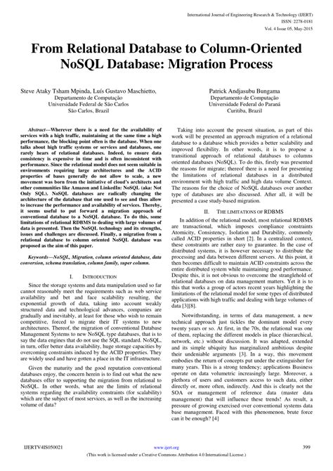 Pdf From Relational Database To Column Oriented Nosql Database Migration Process