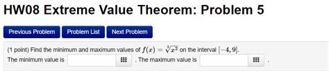 Solved Hw08 Extreme Value Theorem Problem 5 1 Point Find