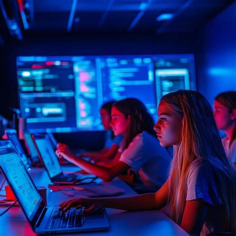 teenagers collaborating in a modern coding lab premium ai generated image