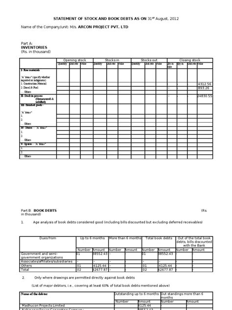 Stock Statement Format Stocks Valuation Finance