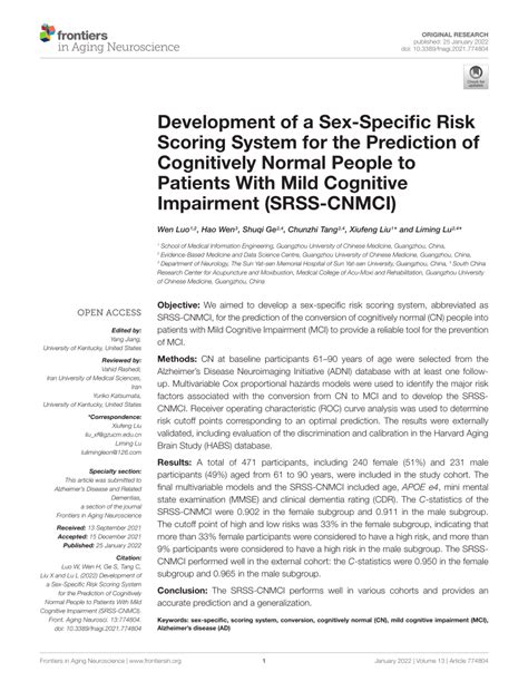 PDF Development Of A Sex Specific Risk Scoring System For The Prediction Of Cognitively Normal