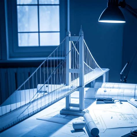 Architectural Model Bridge On Desk With Blueprints Vision And Future Planning Symbolizing
