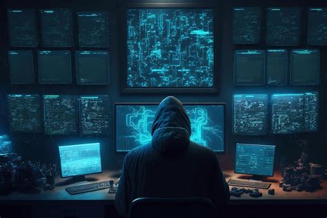Premium Photo Hacker Works In Dark Room Man Uses Computers With Many Monitors Generative Ai