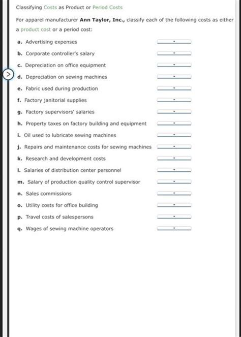 solved classifying costs as product or period costs for