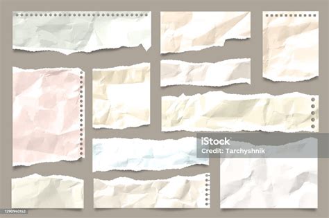 찢어진 색의 구겨진 종이 스트립 컬렉션 찢어진 가장자리가있는 현실적인 종이 스크랩 스티커 노트 노트북 페이지의 조각 벡터