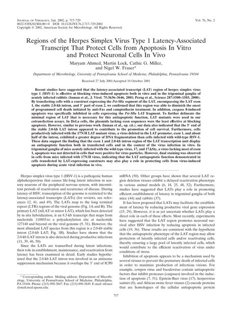Pdf Regions Of The Herpes Simplex Virus Type 1 Latency Associated Transcript That Protect