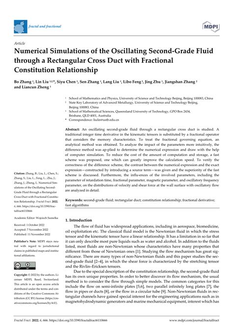 Pdf Numerical Simulations Of The Oscillating Second Grade Fluid Through A Rectangular Cross