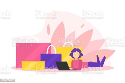 온라인 쇼핑 하는 여자 노트북 컴퓨터와 쇼핑 가방 그녀의 평면 벡터 일러스트 와 함께 바닥에 누워 소녀 0명에 대한 스톡 벡터