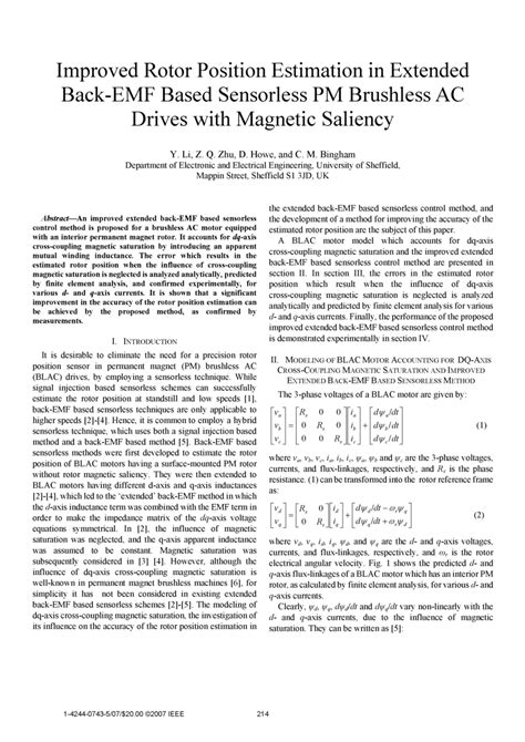 Pdf Improved Rotor Position Estimation In Extended Back Emf Based Sensorless Pm Brushless Ac