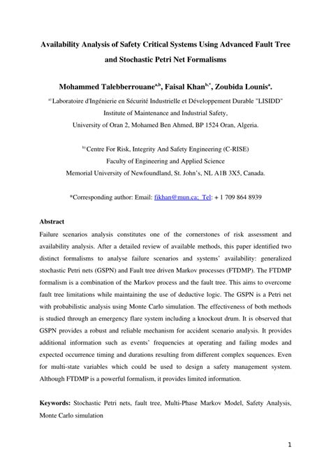 Pdf Availability Analysis Of Safety Critical Systems Using Advanced Fault Tree And Stochastic