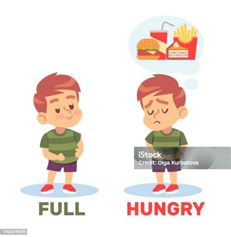 배고픈 작은 녀석 단어 반의어 영어 어휘 교육용 카드 음식에 대해 생각하는 아이 그림과 텍스트 만화 평면 스타일 그림과 카드