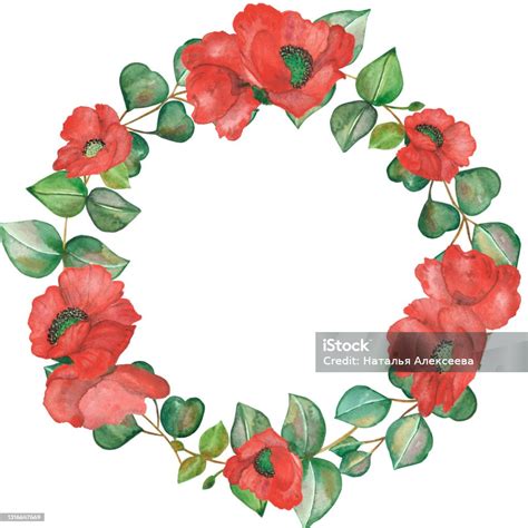 수채화 손 은 텍스트 공간이있는 초대 및 인사말 카드를 위해 흰색 배경에 가지 꽃다발에 빨간 양귀비 꽃과 녹색 유칼립투스 잎자연 꽃 원 테두리 프레임 양귀비 식물에 대한