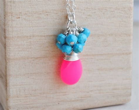 Turquoise Cluster Necklace Hot Pink Cluster Necklace Wire Etsy