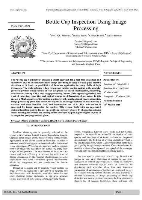 Pdf 2395 1621 Bottle Cap Inspection Using Image Processing