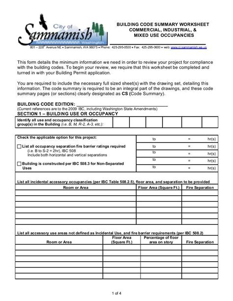 Commercial Building Code Summary Worksheet