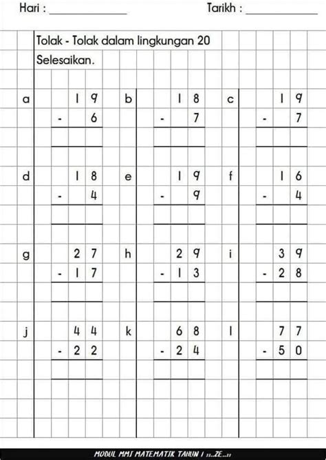 Operasi Tolak Dalam Lingkungan 20 Interactive Worksheet