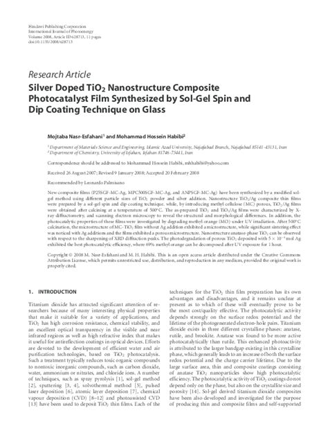 Pdf Silver Doped Tio2 Nanostructure Composite Photocatalyst Film Synthesized By Sol Gel Spin