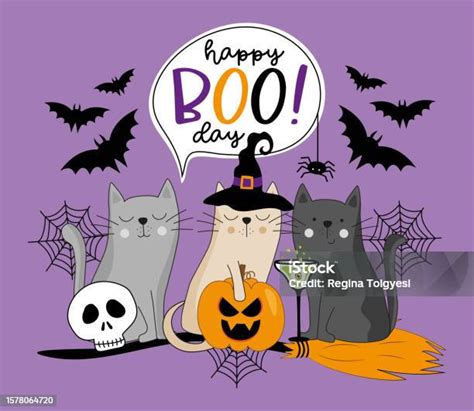 Happy Boo Day 손으로 그린 마녀 고양이와 말풍선 으스스한 두개골 박쥐 호박 빗자루에 물약 0명에 대한 스톡 벡터 아트 및 기타 이미지 Istock
