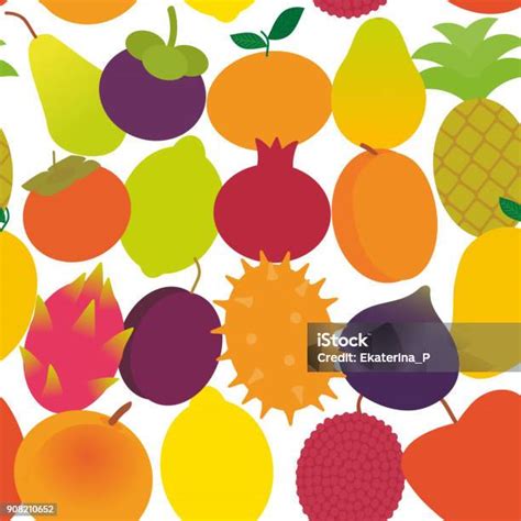 원활한 패턴 잘 익은 달콤한 과일 망고스틴 배 귤 파인애플 파파야 감 석류 라임 살구 자 두 드래곤 과일 무화과 복숭아 망고 레몬 열매 애플 Kiwano 흰색 절연 벡터 0