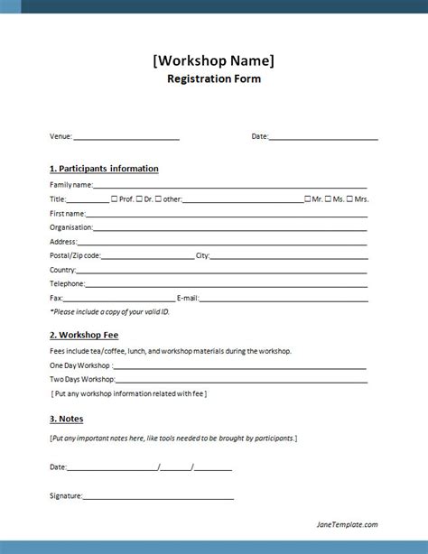 Free Printable Workshop Registration Form Template