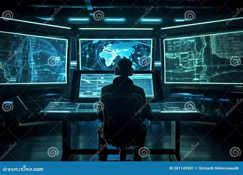 programmer working is on computers with multiple monitors back view generative ai stock