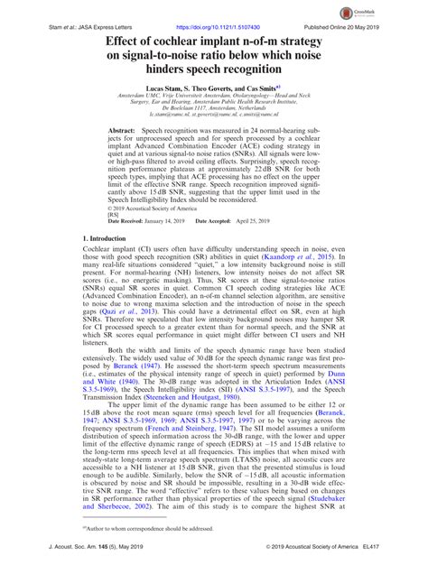 Pdf Effect Of Cochlear Implant N Of M Strategy On Signal To Noise Ratio Below Which Noise