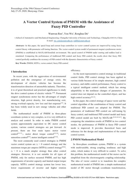 A Vector Control System Of Pmsm With The Assistance Of Fuzzy Pid