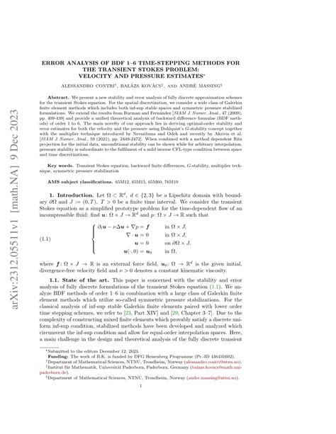 Pdf Error Analysis Of Bdf 1 6 Time Stepping Methods For The Transient Stokes Problem Velocity