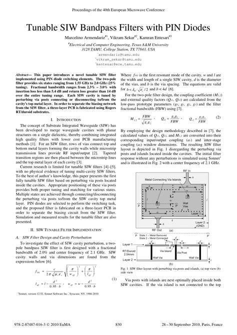 Pdf Tunable Siw Bandpass Filters With Pin Diodes