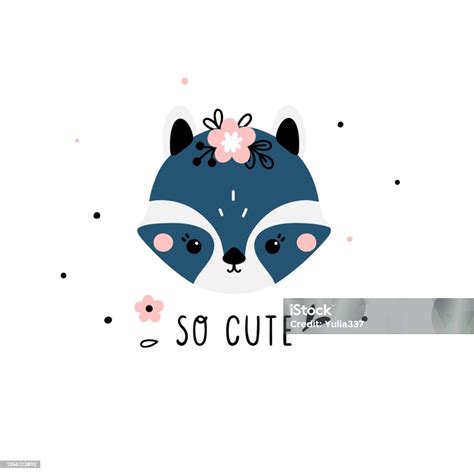 꽃과 텍스트로 장식 된 재미있는 너구리 얼굴 너무 귀엽고 흰색 배경에 고립 만화 스타일의 벡터 일러스트레이션 어린이는 보육원 아기 옷 포스터 엽서에 인쇄합니다 귀여운에 대한