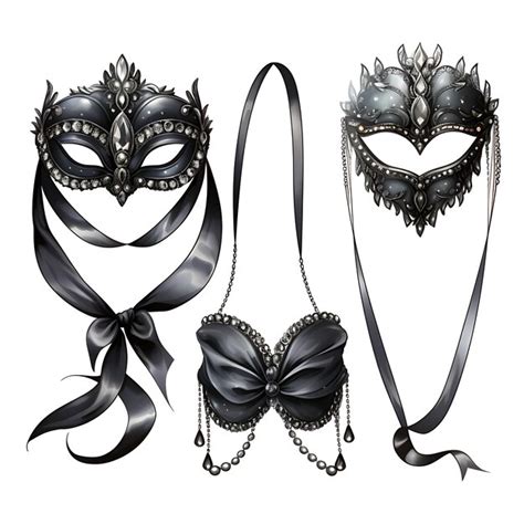 Watercolor Of Satin Ribbon Black String With Masquerade Masks And