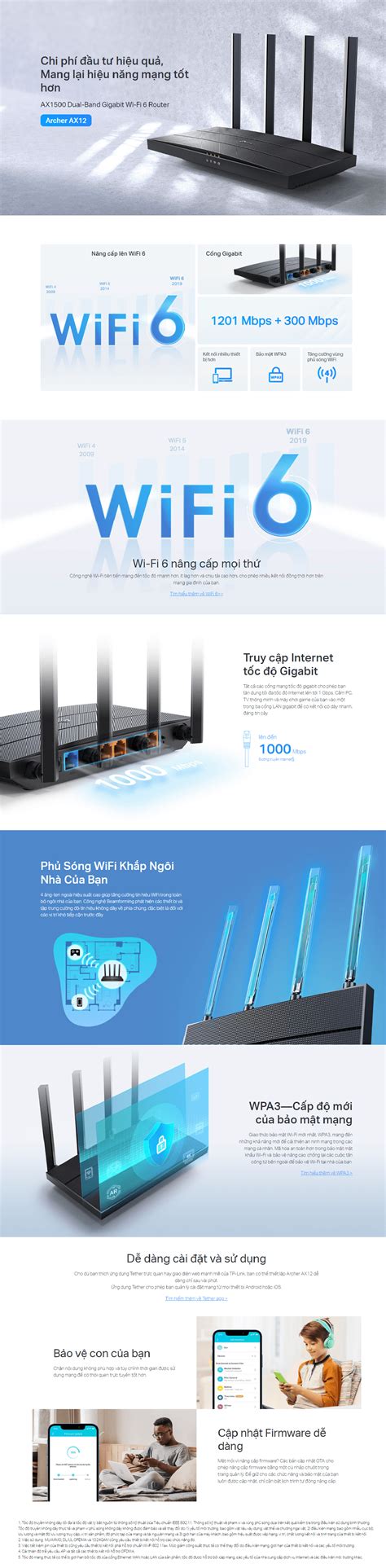 Router WiFi 6 TP Link Archer AX12 2 băng tần AX1500Mbps 4 Ăng ten 1 x WAN 3 x LAN Gigabit
