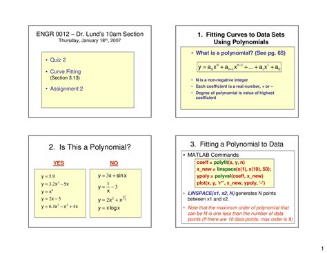 Fitting Curves To Data Sets Using Polynomials Quiz 2 Engr 0012 Docsity