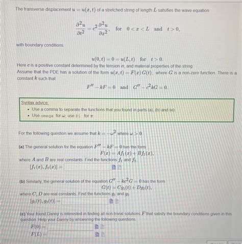 Solved The Transverse Displacement U U X T Of A Stretched Chegg Com